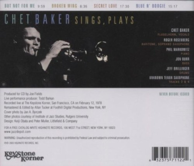 Sings Plays at the Keystone Korner, Chet Baker (Recorded By) - Shop ...