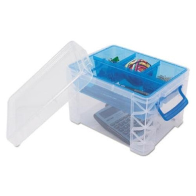 Super Stacker Divided Storage Box, Clear w/Blue Tray/Handles, 7 1/2 x ...